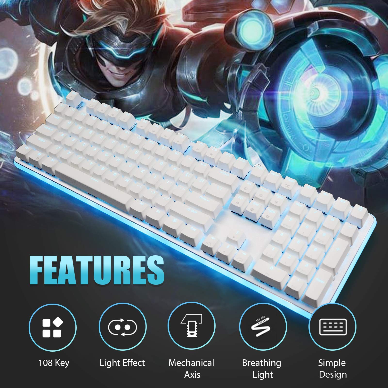 RK ROYAL KLUDGE RK918 Wired Mechanical Keyboard, RGB Backlit Gaming Keyboard with Large LED Sorrounding Side Lamp, Full Size 108 Keys Mechanical 100% Anti-Ghosting Computer Keyboard, Red Switch White