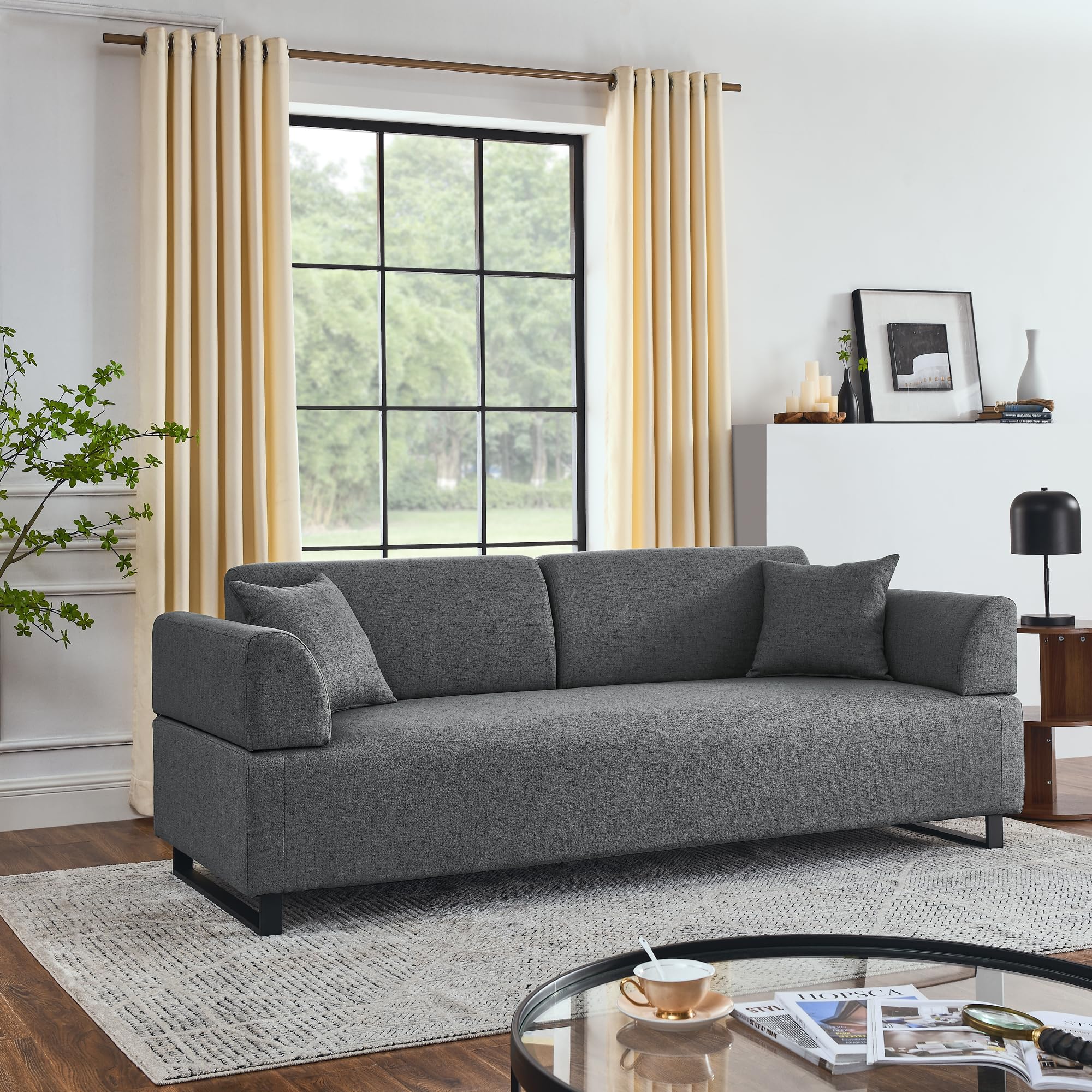 ERYE Morden Upholstered 3-Seat Couch Linen Upholstered 3 Seat Sofa Couch with Two End Tables and 2 Pillows, Free Transformation Removable Back and Armrests for Living Room