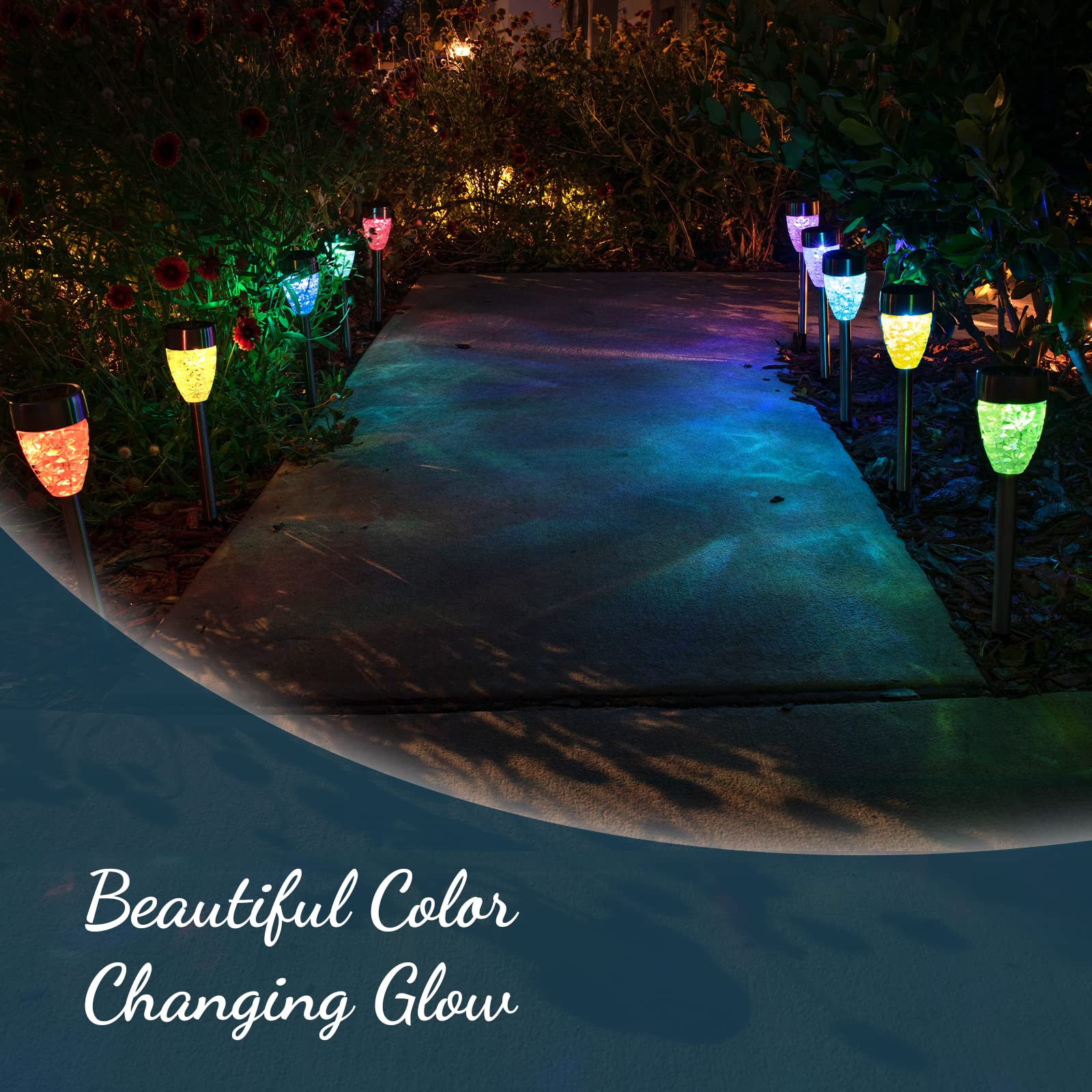 Morvat LED Auto Solar Powered Outdoor Path Lights with Watertight Lens for Garden Yard & Pathway, Bright Waterproof Landscape & Patio Lighting, Dusk to Dawn (Color Changing)