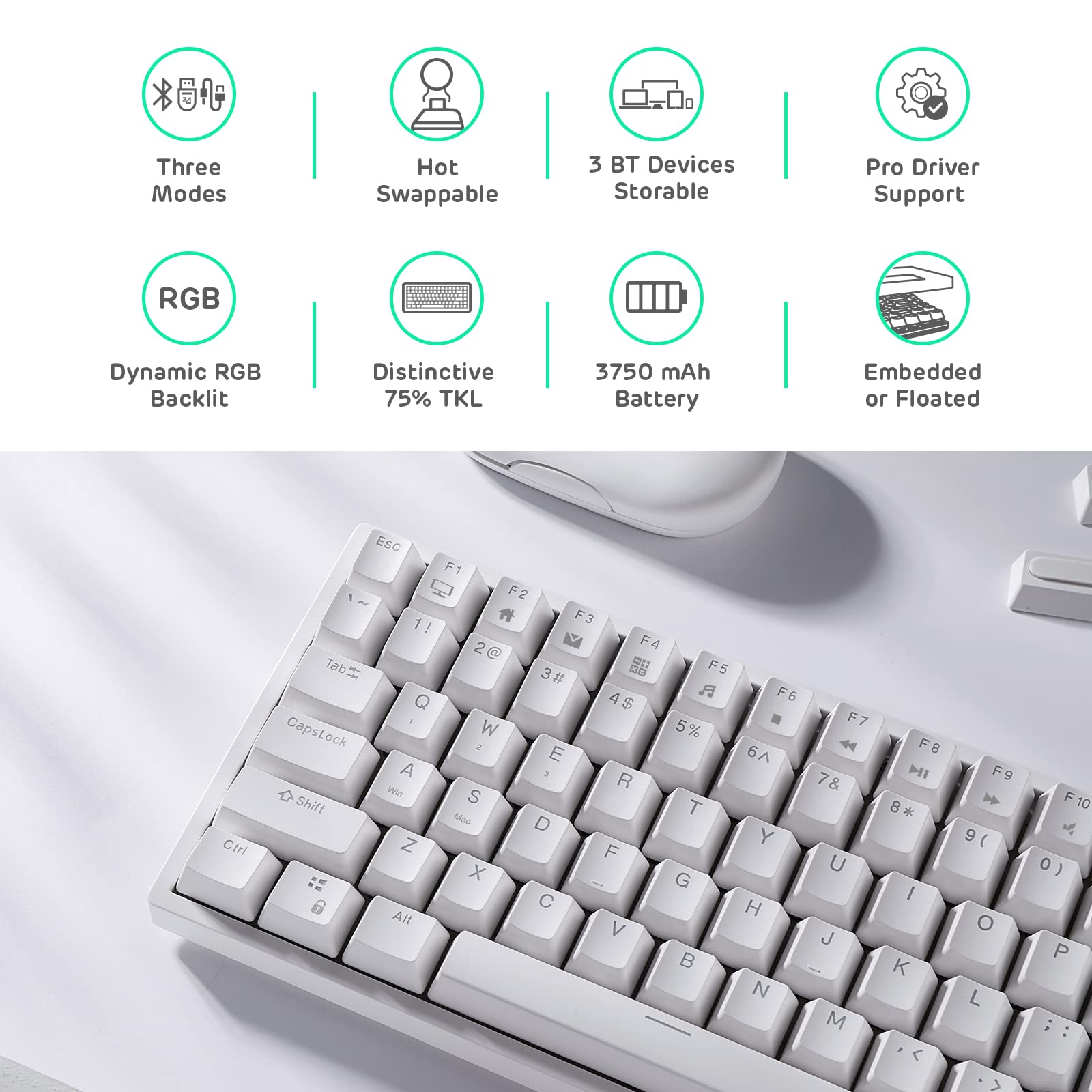 RK ROYAL KLUDGE RK84 Wireless RGB 75% Triple Mode BT5.0/2.4G/USB-C Hot Swappable Mechanical Keyboard, 84 Keys BT5.0 Gaming Keyboard w/High-Capacity Battery, Quiet Red Switch