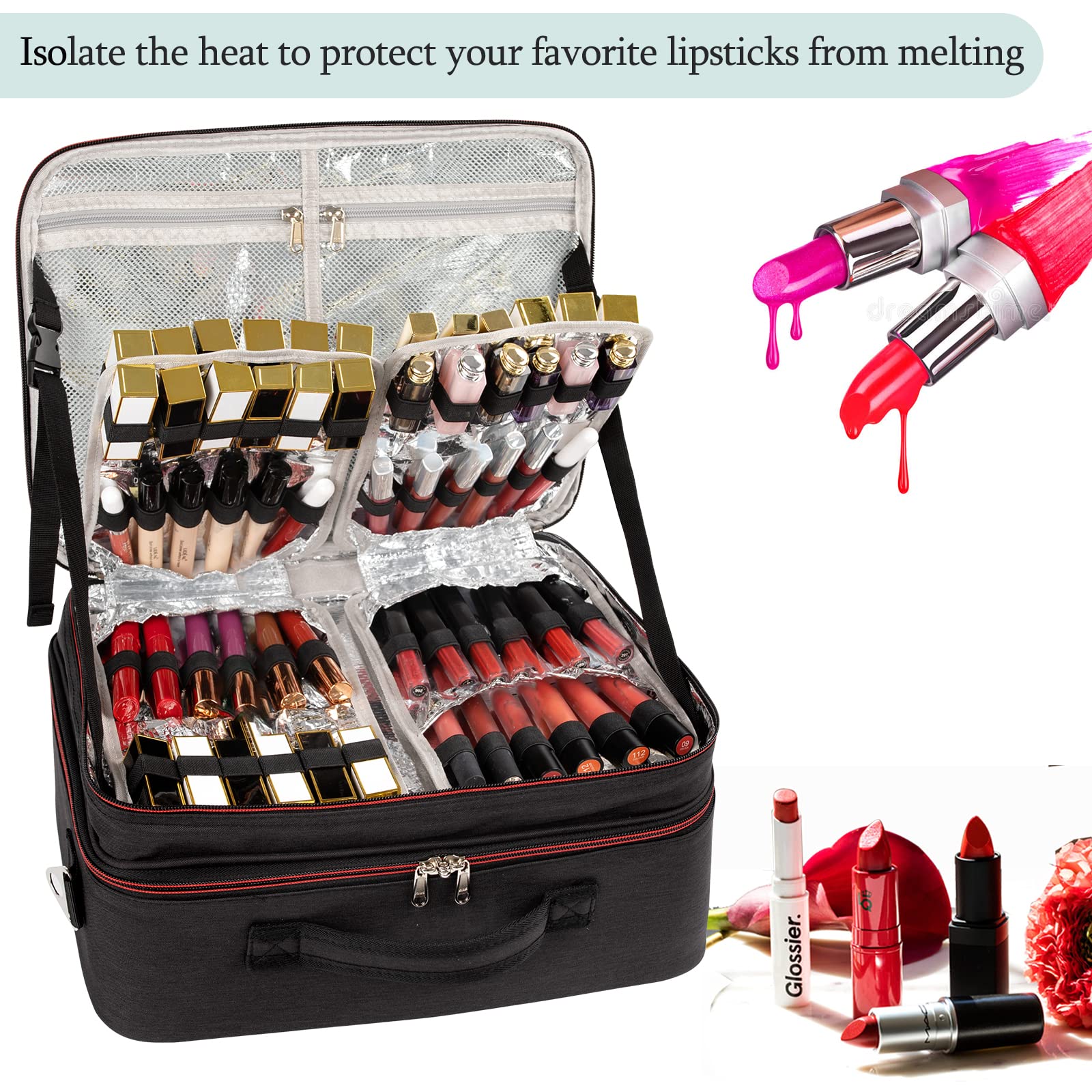Extra Large Makeup Case, Makeup Bag Organizer Travel Cosmetic Case Portable Artist Storage Bag with Washable Plastic Divider and Heat Insulation Layer For Lipstick Makeup Toiletry Accessories Black