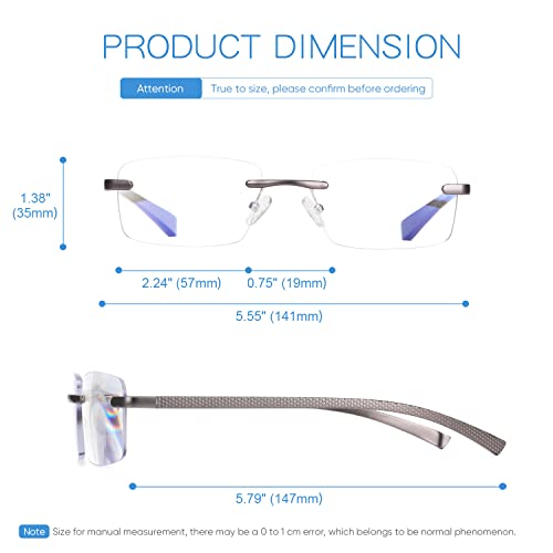 Missfive Premium Aluminum Progressive Multifocus Reading Glasses Men Blue Light Blocking, No-Line Spring Hinge Rimless Office Multifocal Metal Readers, Workspace for Mid-Near Range(3.0x, Gunmetal)