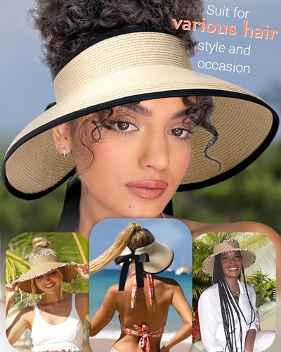 Camptrace Sun Visors for Women Wide Brim Beach Hat UPF 50+ Foldable Straw Visor Hat Ponytail Summer Packable Beige