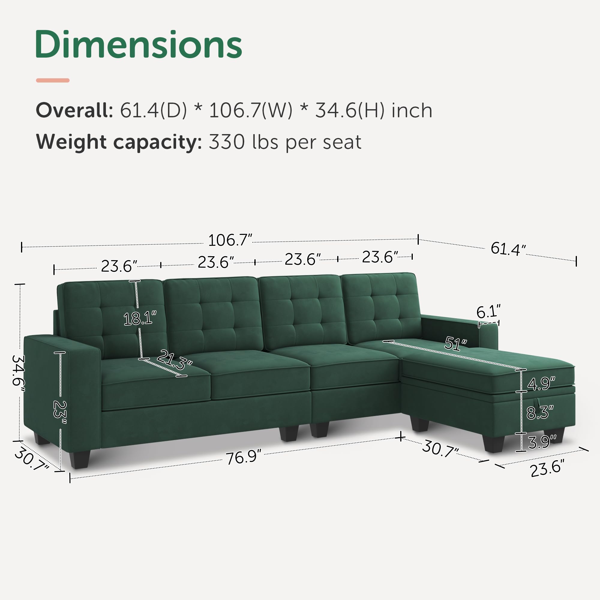 HONBAY L Shaped Sectional Couch Velvet 4-Seater Sectional Sofa with Reversible Chaise for Living Room, Green