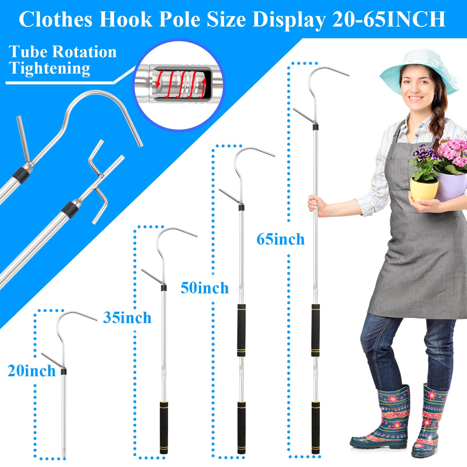 Frebuta Clothes Hook Pole Heavy Duty,32 to 65Inch High Reach Garment Hook 2 Hooks for Hanging Birdfeeder Stainless Steels Tube Extension Pole with Hook for Reaching to Reach High Hangers
