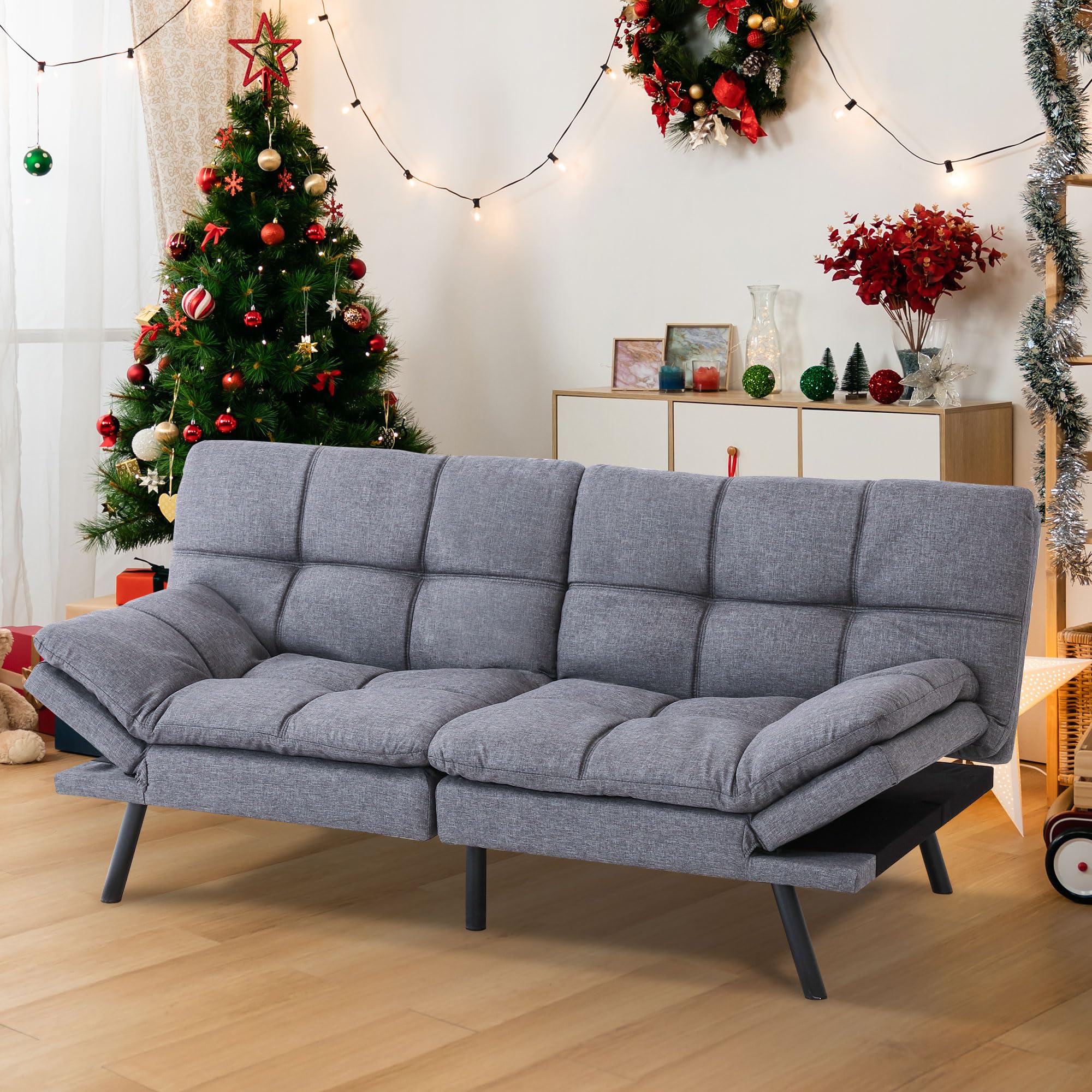 Hcore Convertible Futon Bed,Gray Memory Foam Sofa Loveseat Sofabed, Light Grey