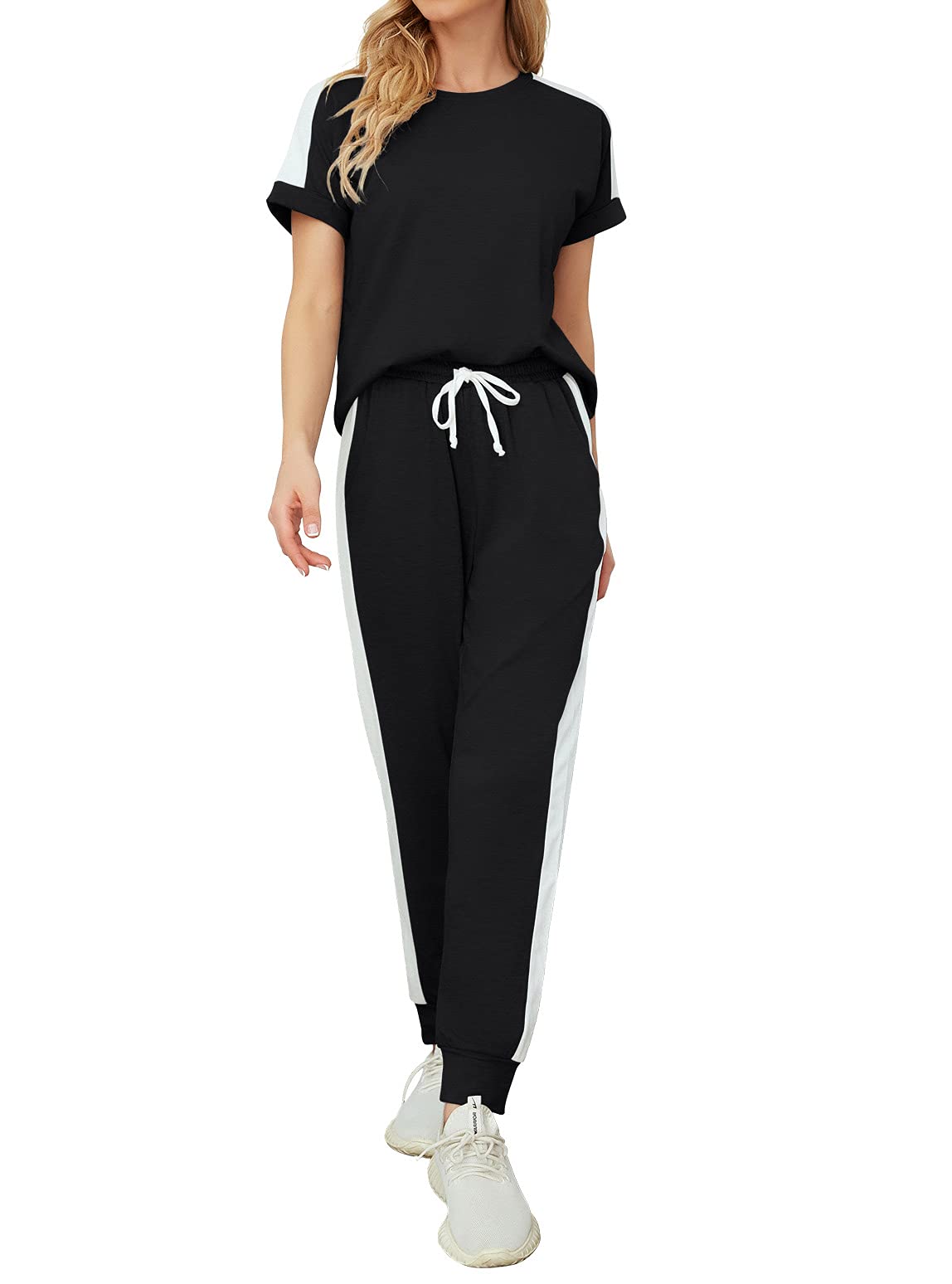 DEARCASE Women's 2 Piece Outfits Casual Short Sleeve Top Long Pant Sweatsuits Tracksuits Black Large
