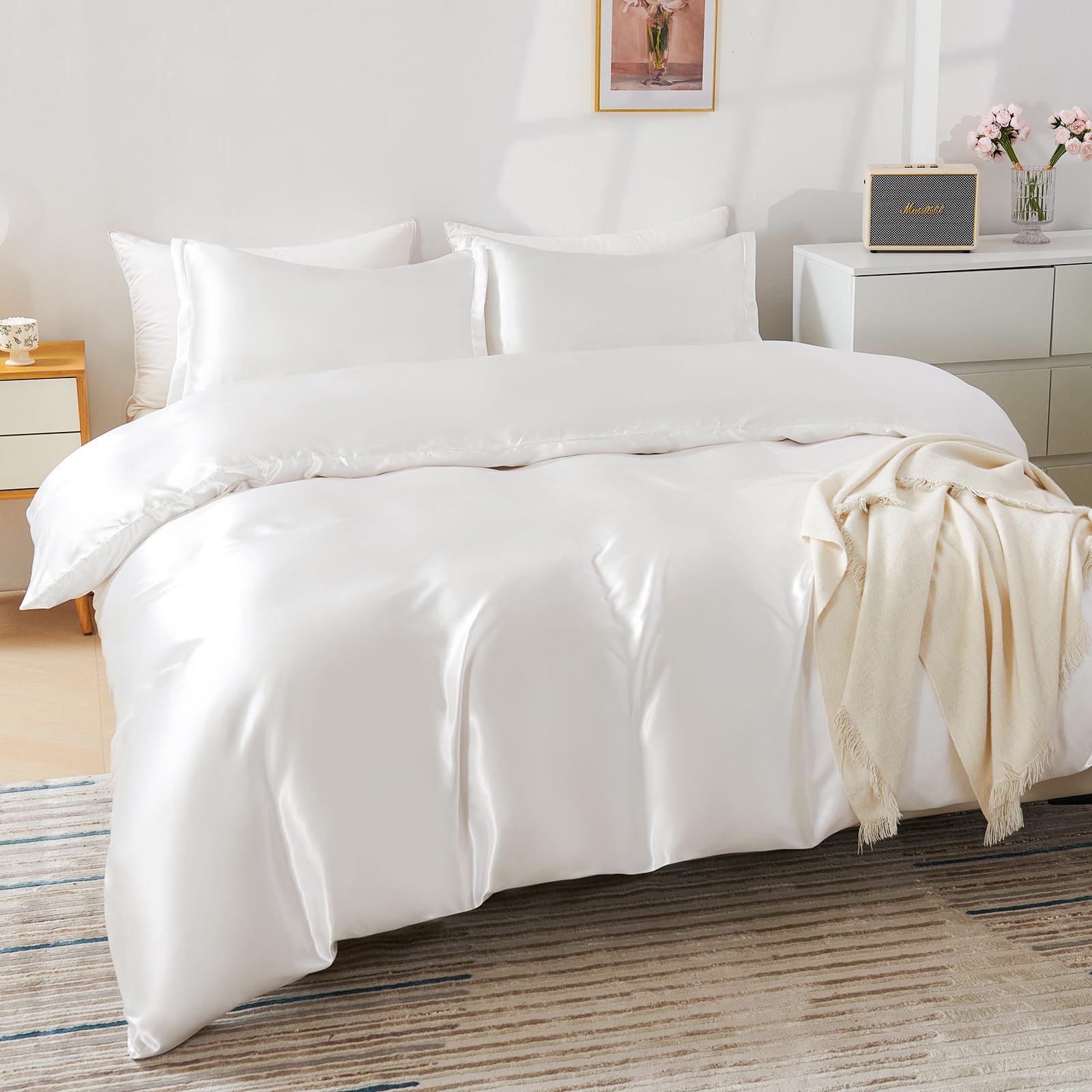 HOdo Home Satin Duvet Cover Queen Size, 3 Piece Silk Like Comforter Cover, Ultra Soft and Breathable Bedding Set with Zipper Closure & Corner Ties