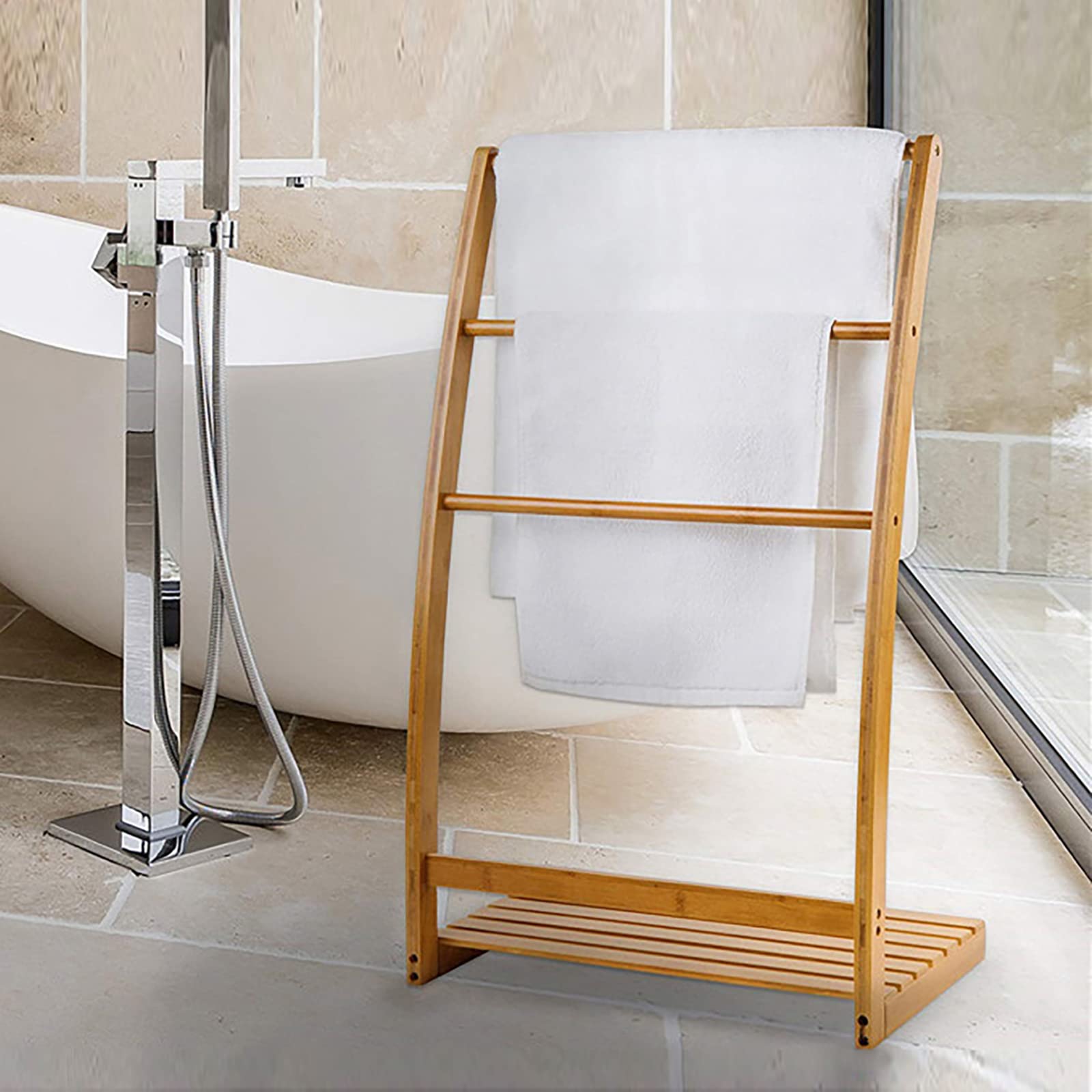 Free Standing Towel Rack, Bamboo Freestanding Towel Rack for Bathroom with Bottom Storage Shelf, Blanket Drying Display Rack for Bathroom, Living Room