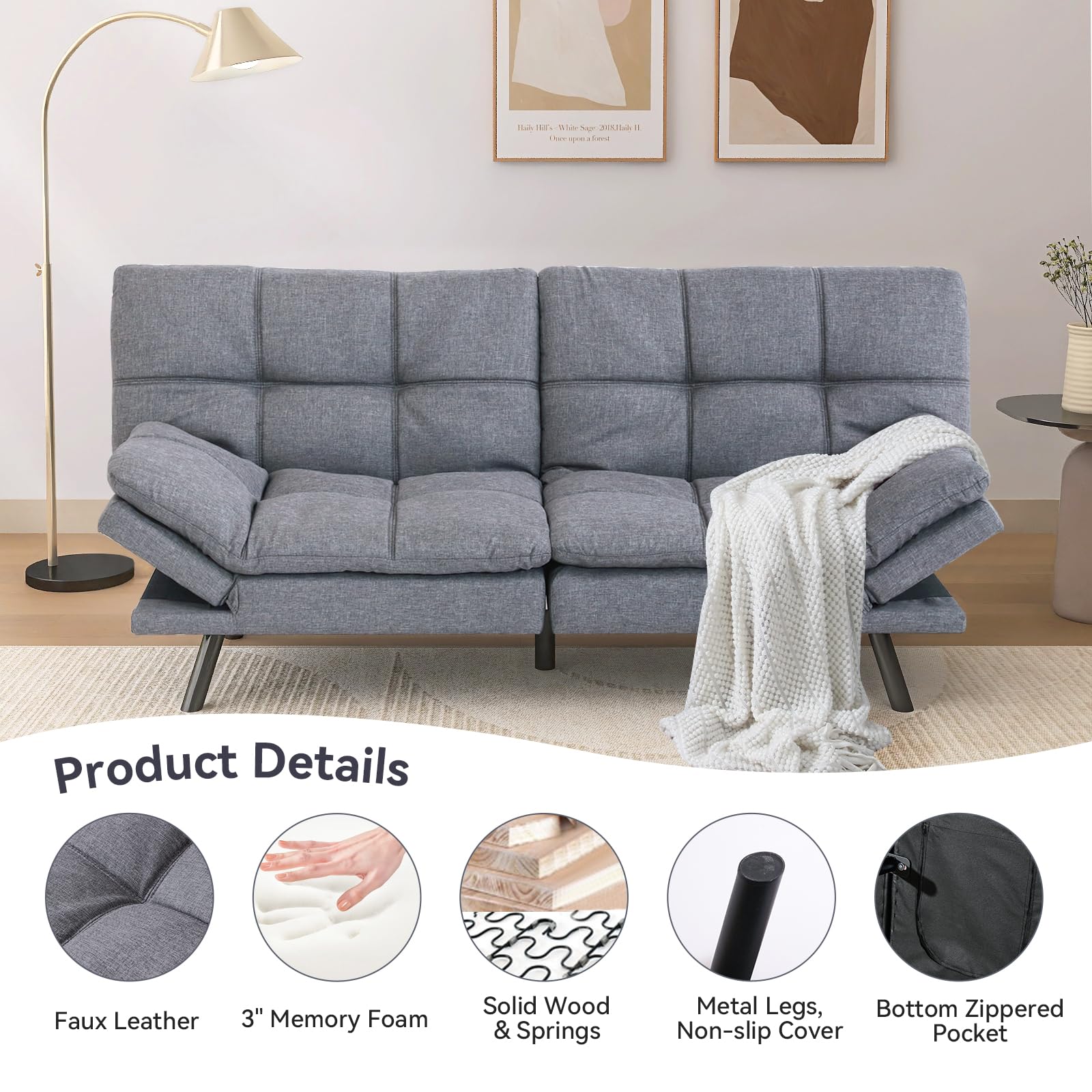 Hcore Sofa Bed,Convertible Sleeper Futon Couch Sofabed, Grey