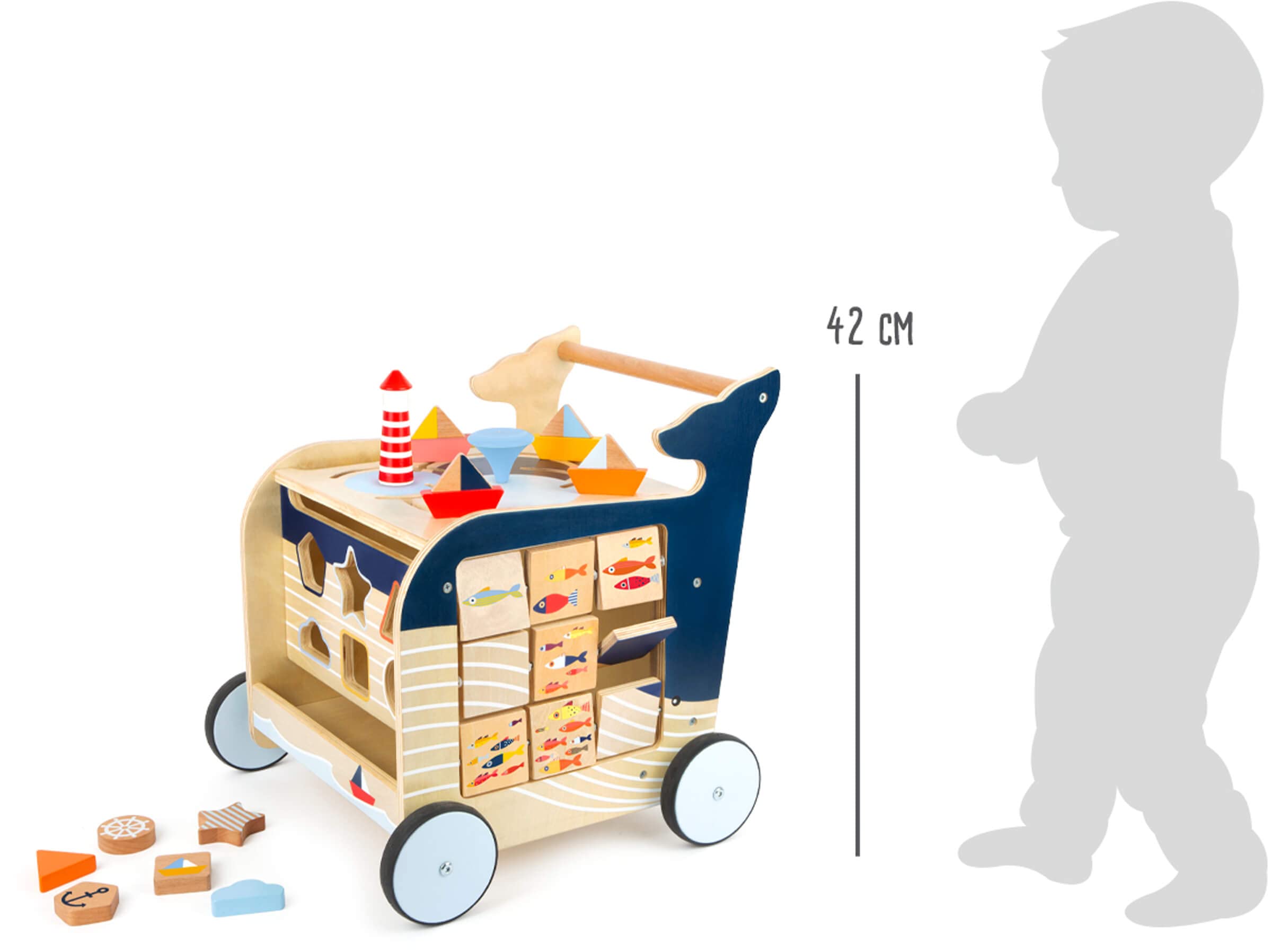 Wooden Whale Baby Walker by Small Foot – Classic 5-in-1 Activity Center - Interactive Toy with Shape Sorter, Puzzle Maze, Compass, Chalkboard - Develops Kids Coordination, Motor Skills –Age 12+ months