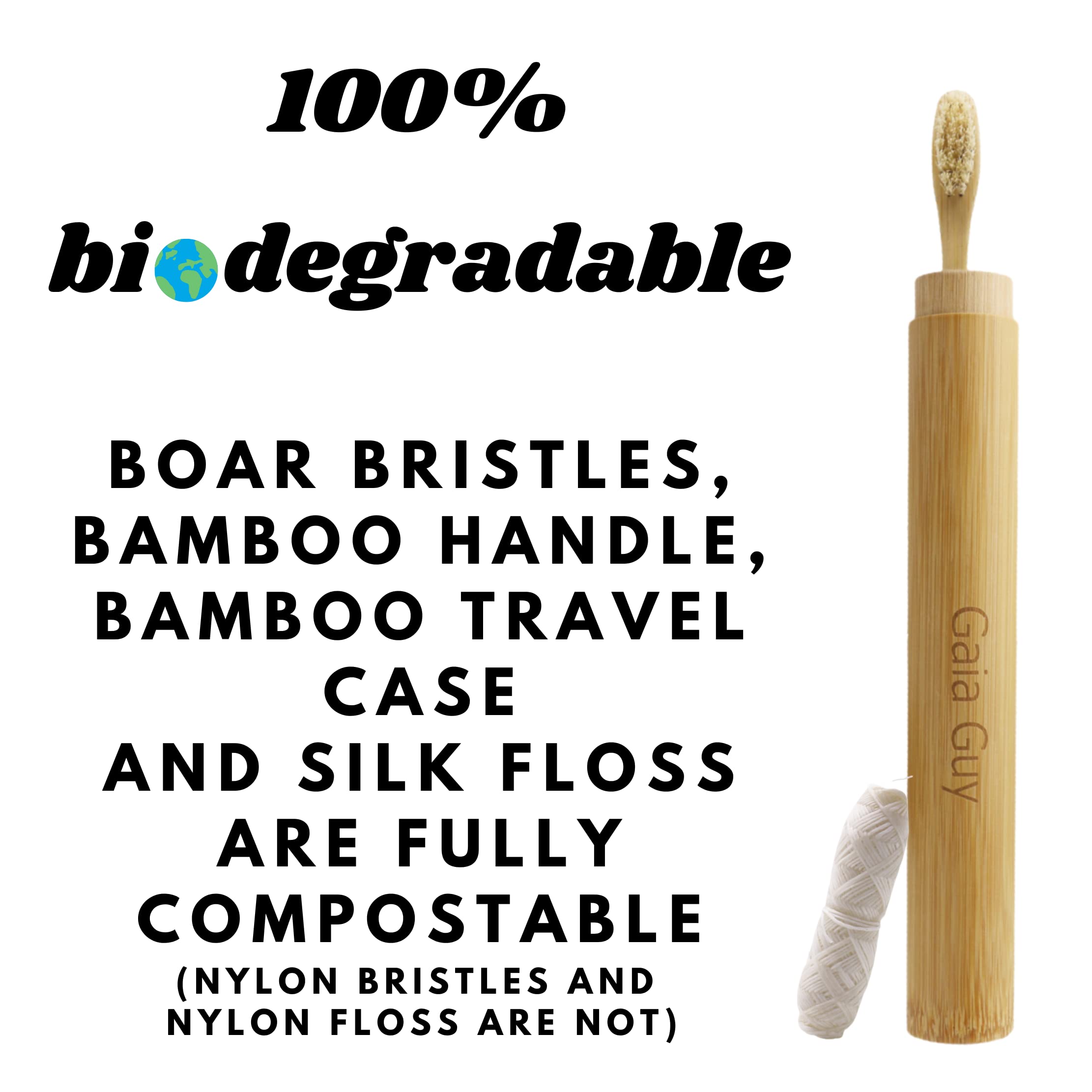 Gaia Guy Plastic-Free Eco Dental Kit - Bamboo and Boar Bristle Toothbrushes, Silk Floss, Travel Case and Copper Tongue Scraper