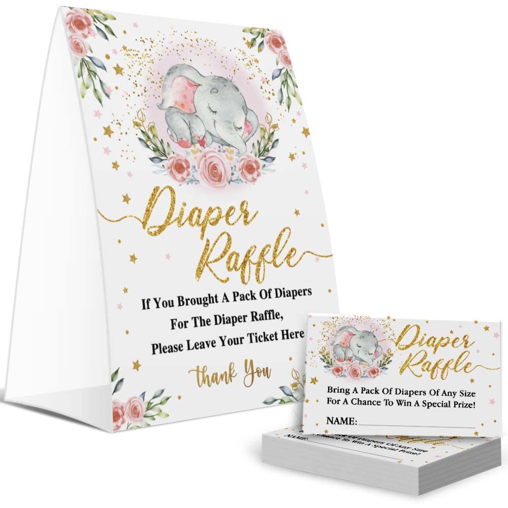 Elephant Diaper Raffle, Eucalyptus Diaper Raffle Baby Shower Game Kit，PINK Sleeping Elephant Raffle Insert Ticket, Gold Sign, Pink Flower Baby Shower Decorations(1 Standing Sign + 50 Guessing Cards)