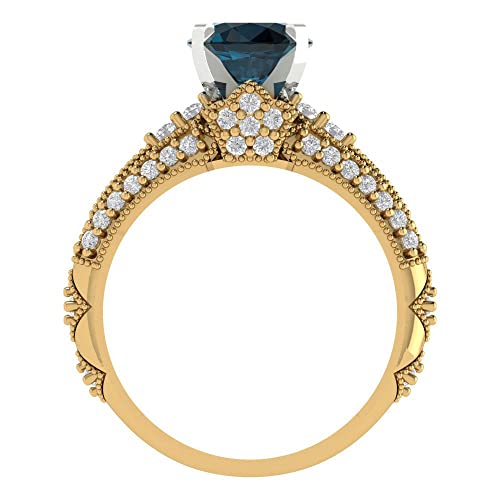 Clara Pucci 2.07ct Round Cut Pave Solitaire with Accent Natural London Blue Topaz Statement Bridal Ring Band Set 14k 2 Tone Gold 8.5