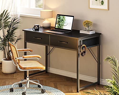 ODK 40 Inch Small Desk with Fabric Drawers, Vanity Desk with Storage, Home Office Desk for Small Spaces and Bedroom, Modern Work Writing Study Table, Black