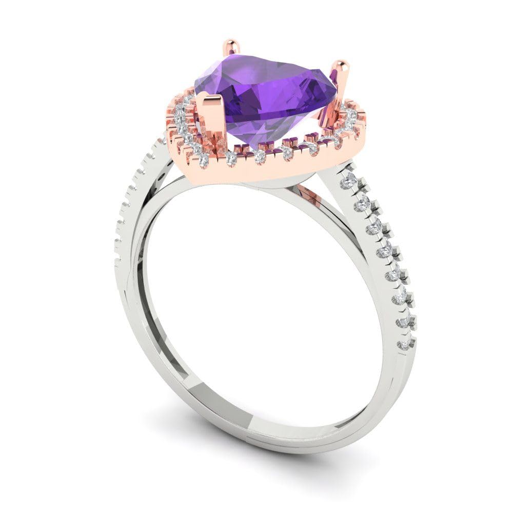 Clara Pucci 2.33ct Heart Cut Solitaire with Accent Halo Natural Amethyst gemstone designer Modern Statement Ring Solid 14k 2 Tone Gold