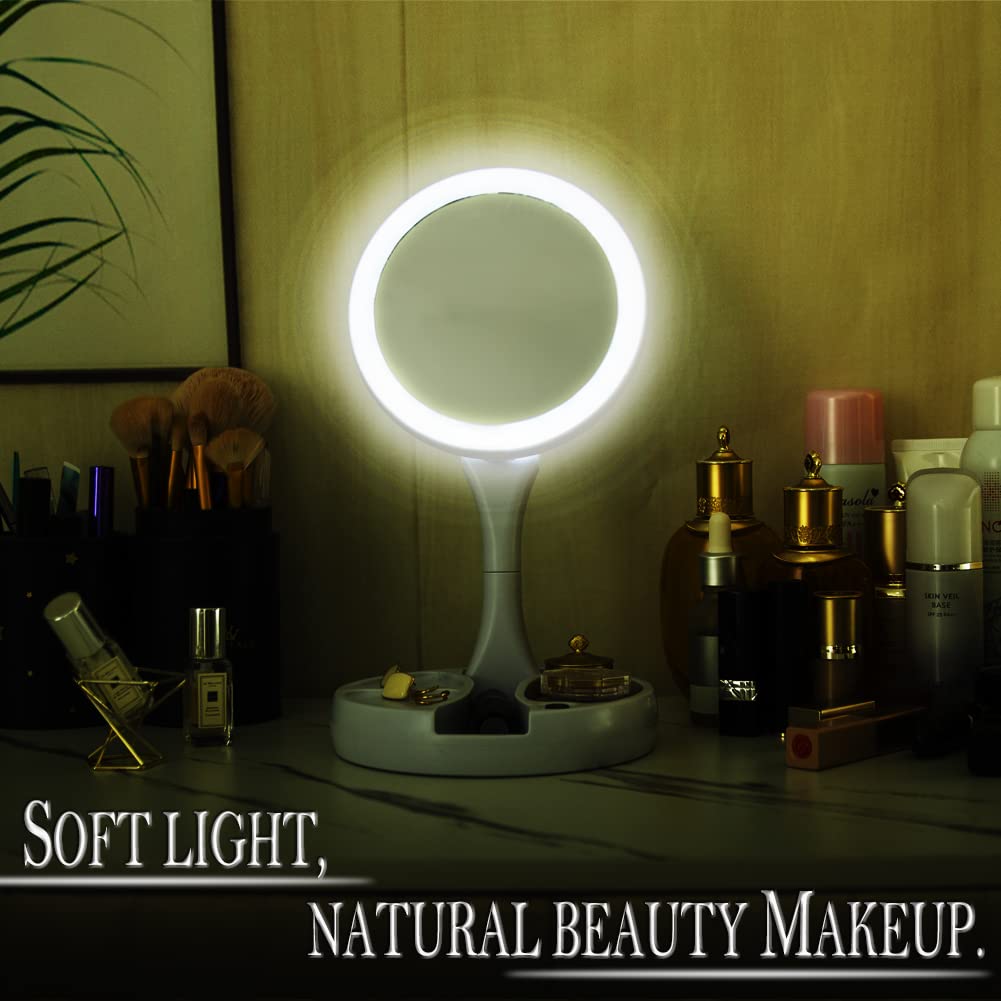 Softfree Lighted Folding Makeup Mirror, 1X/10X Magnification Double Sided Mirror, 5.9Inch LED Vanity Mirror for Travel, Home (White)