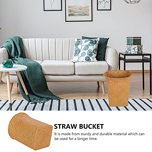 Healeved Straw Woven Wastebasket Wicker Trash Can Rattan Paper Storage Baskets Decorative Garbage Bin Rubbish Container Round Laundry Hamper Flower Vase Planter Holder Brown
