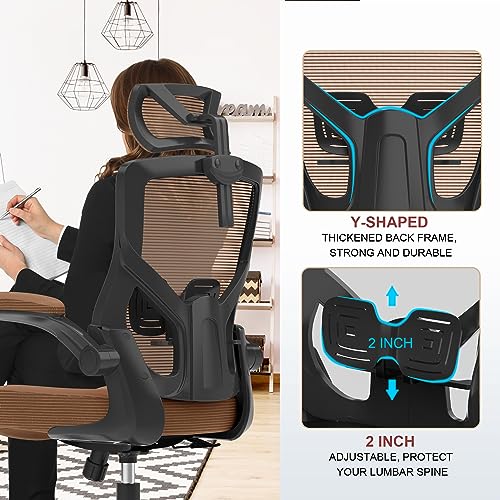 π―πΆπ΄π¬ πΆπππ°πͺπ¬ πͺπ―π¨π°πΉ, Ergonomic Mesh Desk Chair, High Back Computer Chair- Adjustable Headrest with Flip-Up Arms, Lumbar Support, Swivel Executive Task Chair (Mummy Brown, Modern)