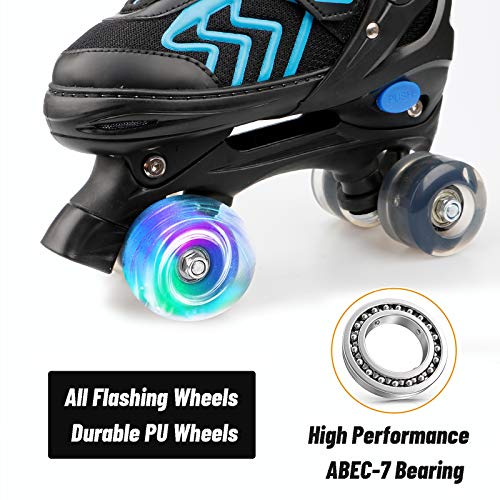 Kids Roller Skates for Boys Adjustable Roller Skates for Boys, Girls with 8 Wheels Lighting for Indoor Outdoor Quad Skates (Black&Blue, Medium - Big Kid)
