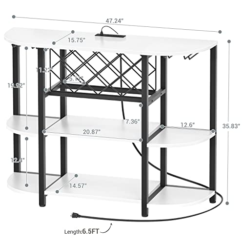 Unikito Bar Table Cabinet with Charging Station,Wine Rack Table with LED light, Wine Bar Cabinet with Storage, Freestanding Floor Bar Cabinet for Liquor and Glasses for Home Kitchen Dining Room, White