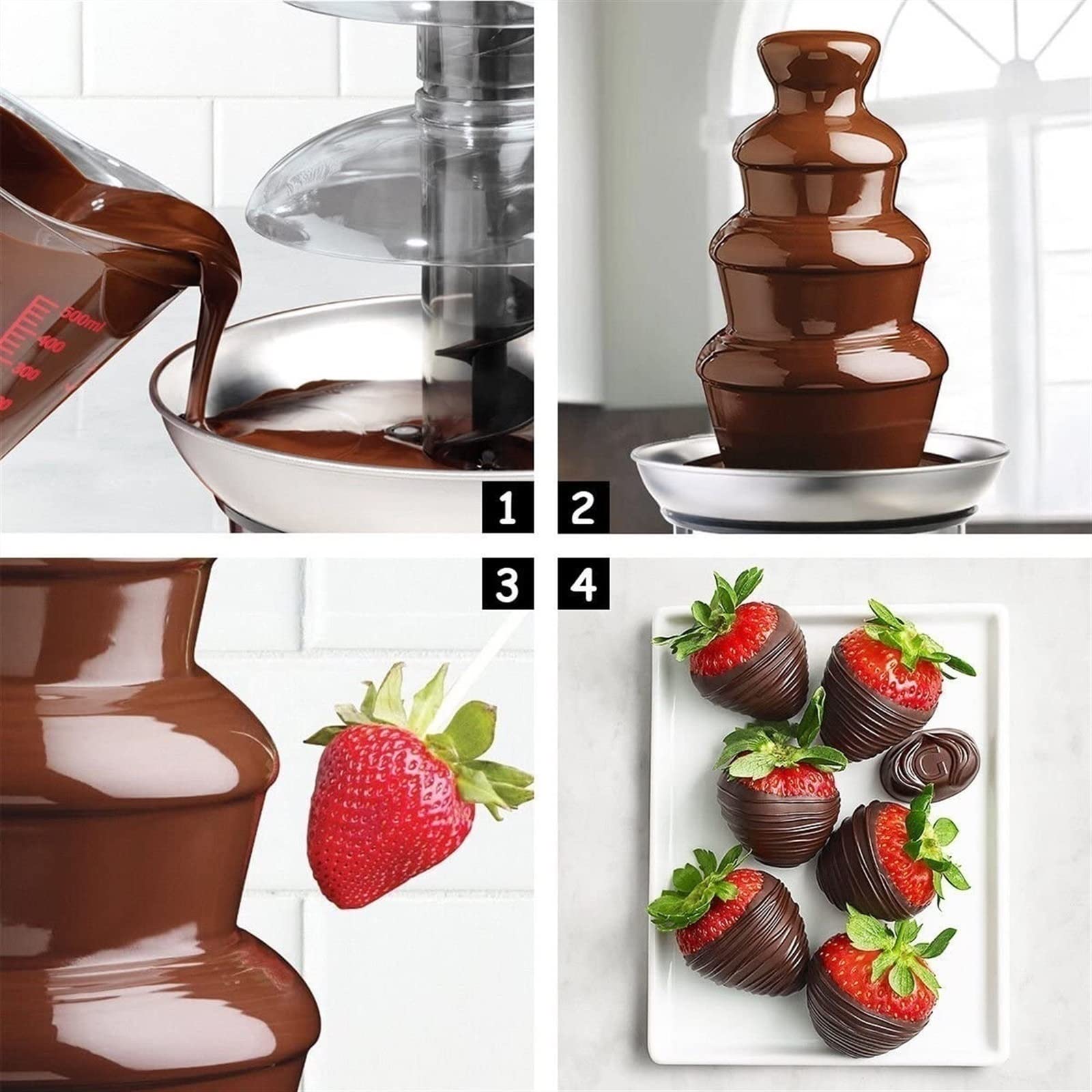 FISISZ Cholate Fondue Fountain Chocolate Melting Warming Machine 4-Tier Stainless Steel Party Luxury Retro Hot Chocolate Fondue Fountain (White : A), 45 x 22