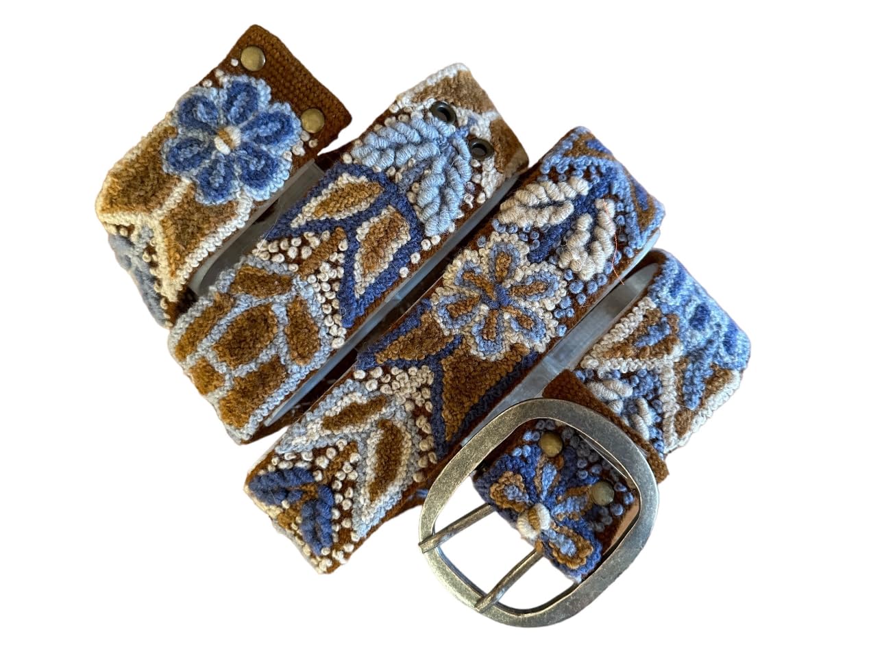 Embroidered Flower Belt, Wool Belt, Peruvian, Hand Embroiderered - Andina Camel/Terracota (Medium 41")