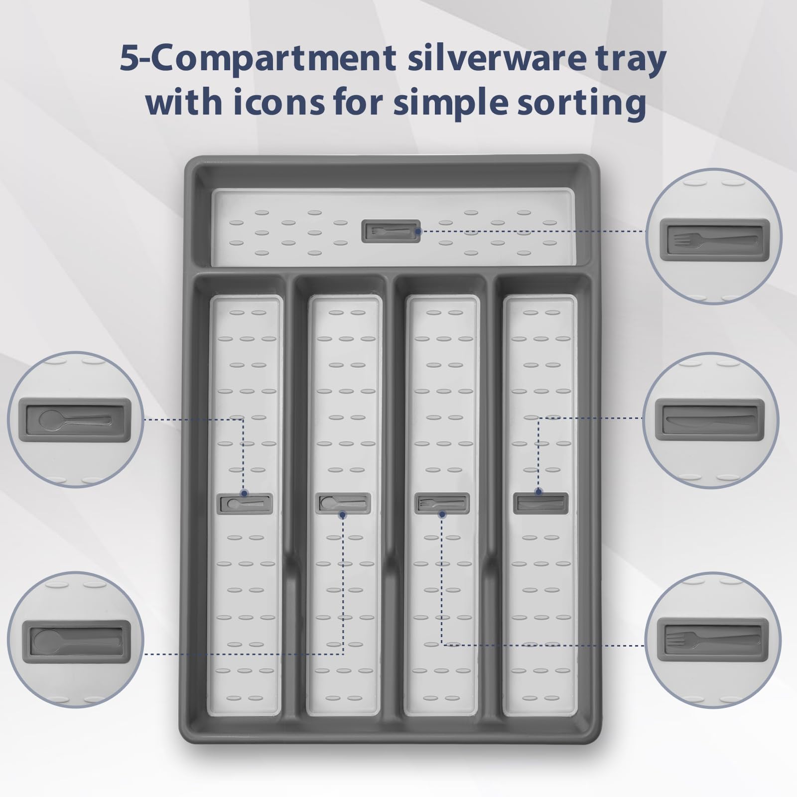CherHome Silverware Organizer with Cutlery Icons,Silverware Tray for Kitchen Drawer,Plastic Flatware Tableware Silverware Drawer Organizer Utensil Organizer with Non-slip TPR Linings,5-Compartment
