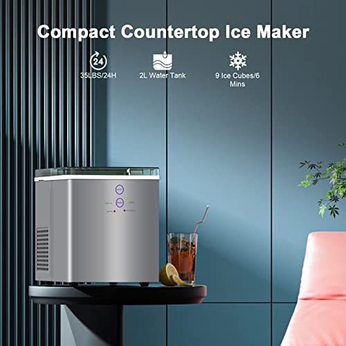 Ice Maker Countertop - 35Lbs/24H Auto Self-Cleaning, 18 Bullect Ice Cubes in 12 Mins, Portable & Compact Ice Maker Machine with Ice Scoop & Baske for Home/Kitchen/Party/Camping,Silver