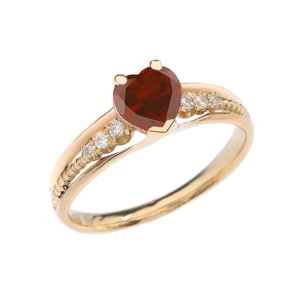 Dazzling 14k Yellow Gold Diamond And Garnet Birthstone Heart Beaded Promise Ring (Size 7)