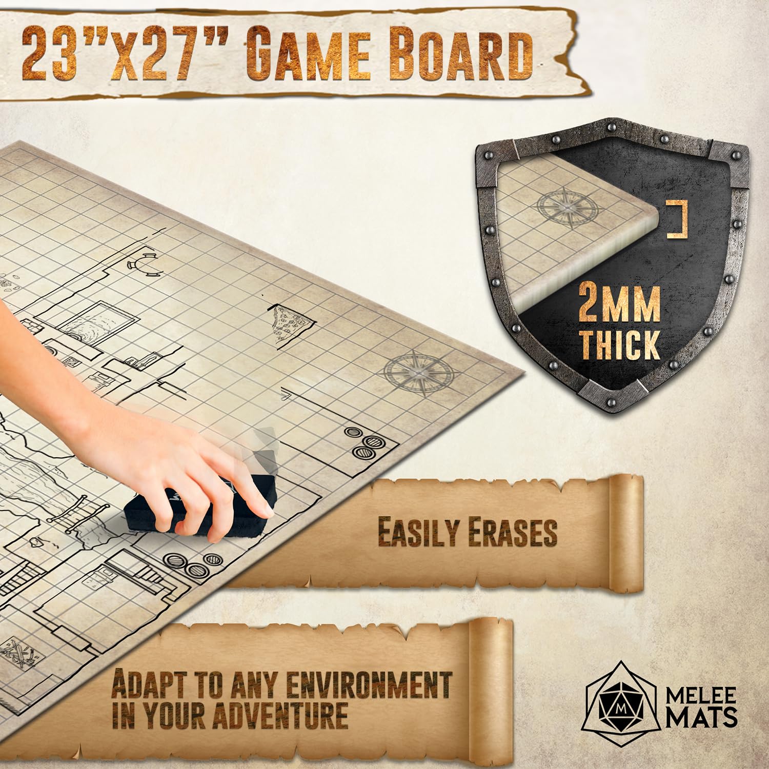 Melee Mats DND Map Starter Kit for Dungeons & Dragons Game - 23β x 27" Double Sided, Wet/Dry Erase Battle Terrain Grid - Ultimate Tabletop Board Gaming Experience with Accessories
