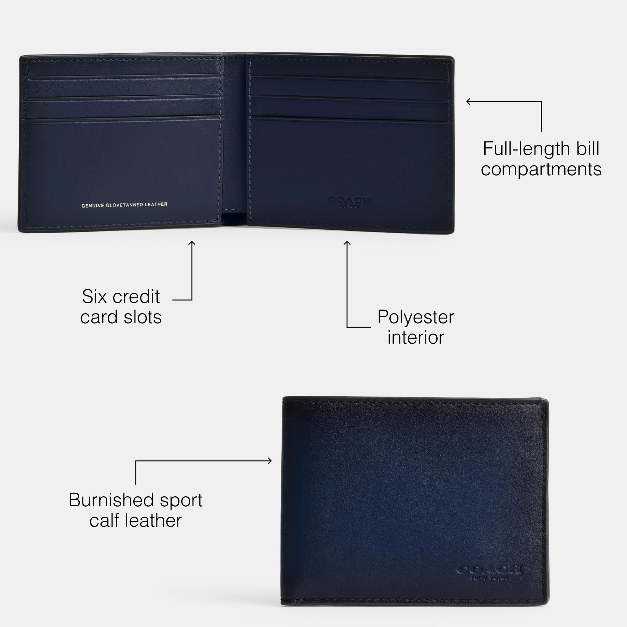 Coach Slim Billfold in Burnished Leather, Deep Blue