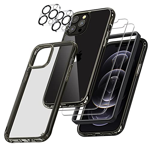 UniqueMe [5 in 1 Design for iPhone 12 Pro Max 6.7 inch Case, 2 Pack Screen Protector Tempered Glass + 2 Pack Camera Lens Protector, [Non-Yellowing] Shockproof Ultra Thin Protective Cover-Clear Black