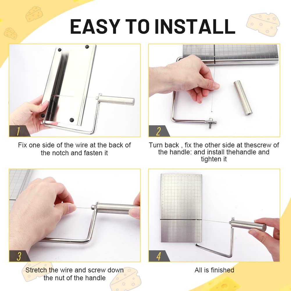 EYYVRE Cheese Slicers for Block Cheese Heavy Duty, Stainless Steel Cheese Slicer & Cheese Cutter with 10 Replacement Wires, Cheese Butter Cutter Board with Accurate Size Scale for Baking