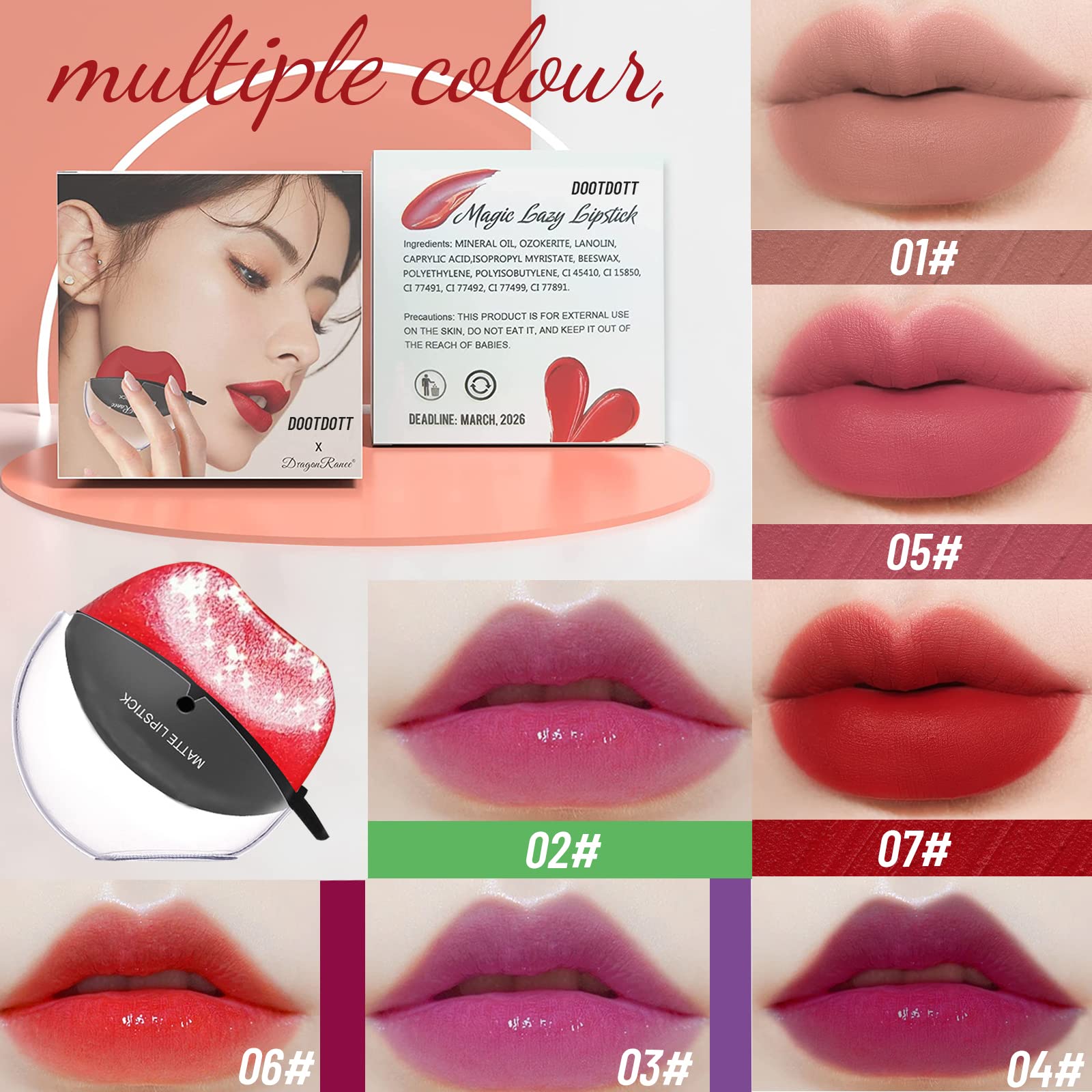 dootdott Color Changing Lipstick, Lazy Lipstick Waterproof 6 Colors Matte Magic Set, Lip Stick Non-stick Cup Long Lasting 24 Hour for People (6 Colors), Pack of 2