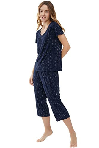 Joyaria Womens Capri Bamboo Pajamas Capri Pjs Set Night Sweats Short Sleeve Sleepwear Hot Flashes(Navy Polka Dot,XXL)