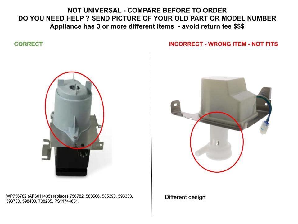 Equip. DR US WP756782 EDR56782X1 Compatible with Whirlpool, Kenmore, KitchenAid Ice Cube Maker Water Pump and Motor fits Old #s WP756782