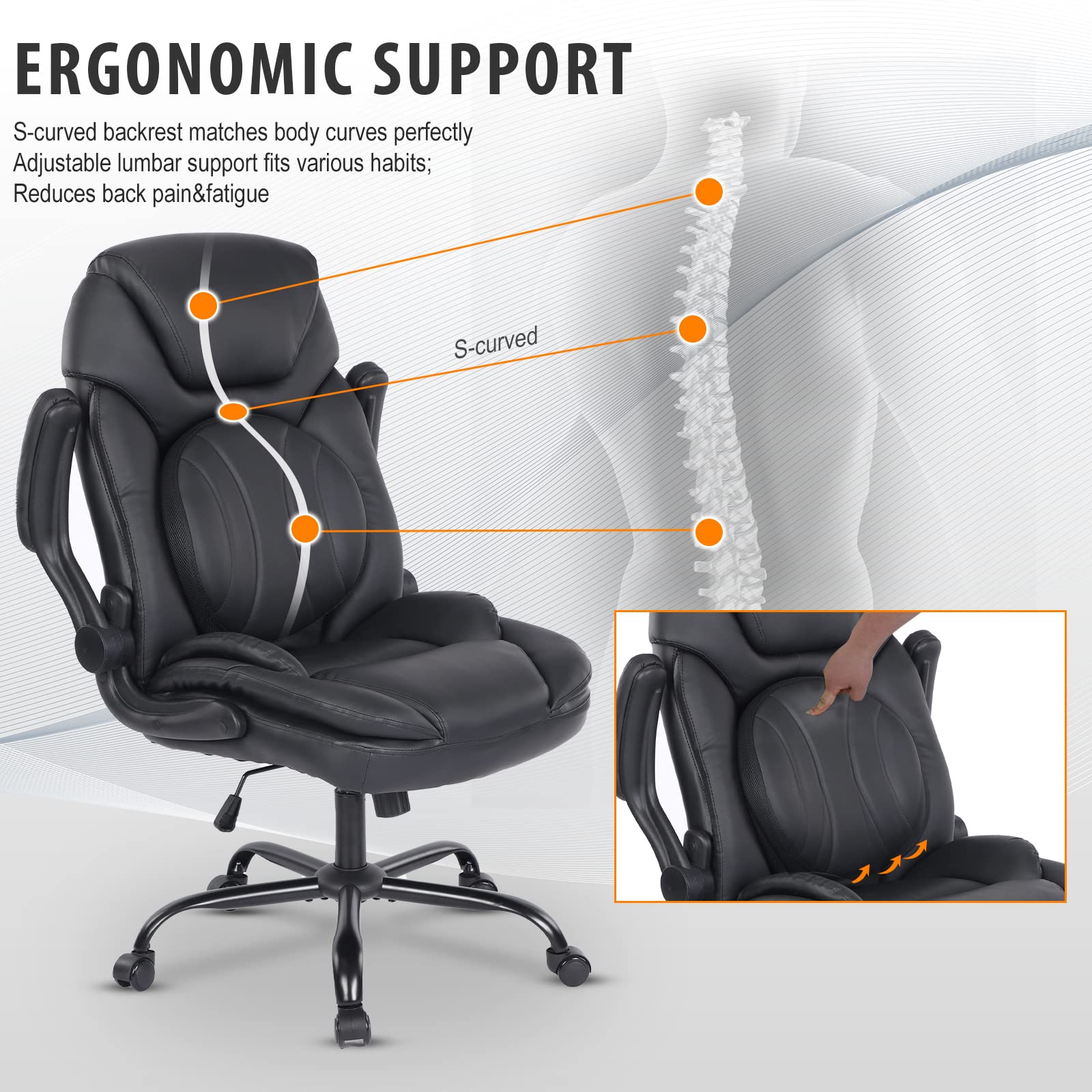Comermax Ergonomic Executive Office Chairs with Lumbar Support, PU Leather Home Office Desk Chairs with Wheels and Flip up Arms, 90-120° Rocking Managerial Executive Chair (Black),Medium(300lbs)