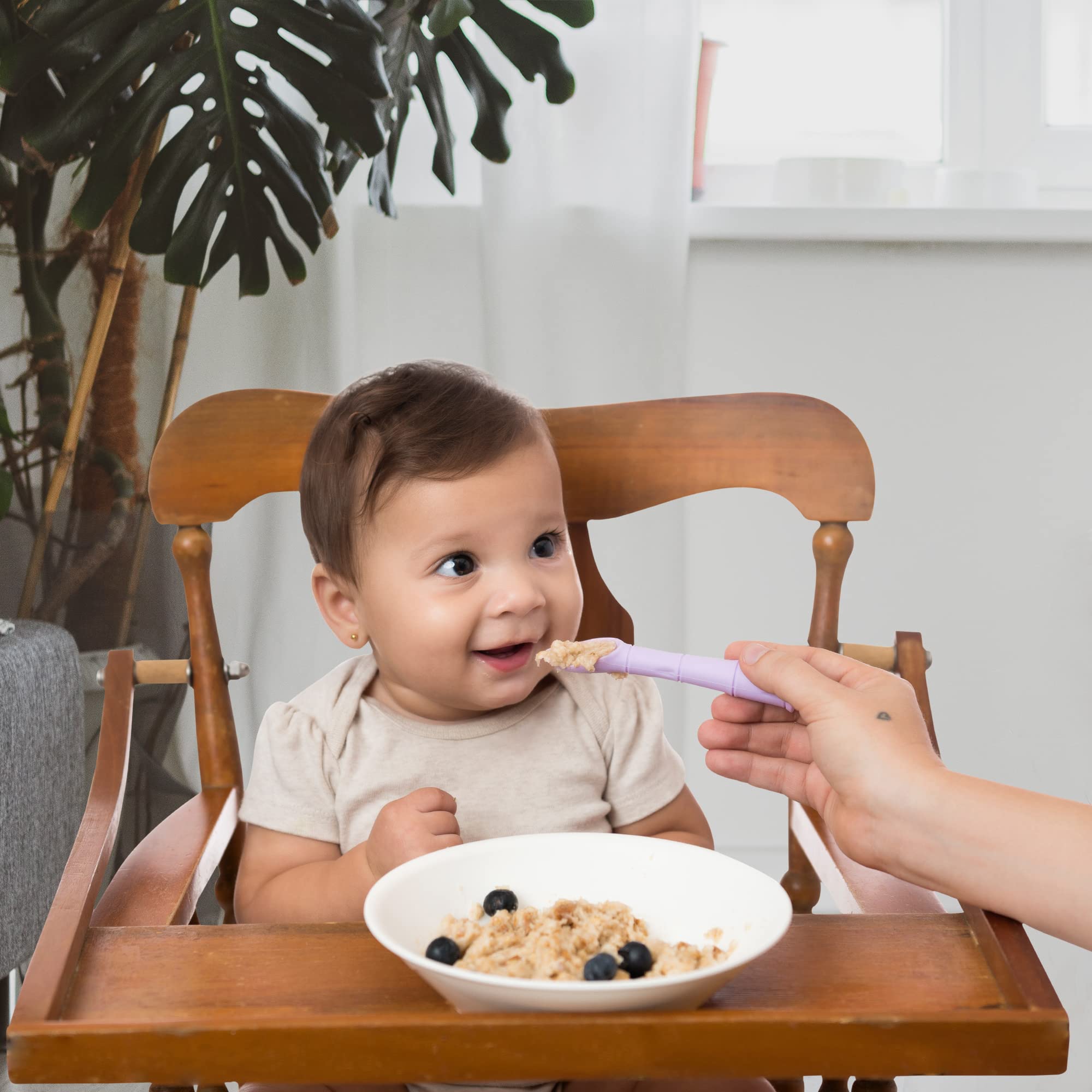 Elle Belle Baby : 4-Pack Silicone Baby Spoon, 6M+ First Stage Feeding, Soft Flexible Tip, Ergonomic Design (Spring Blooms)