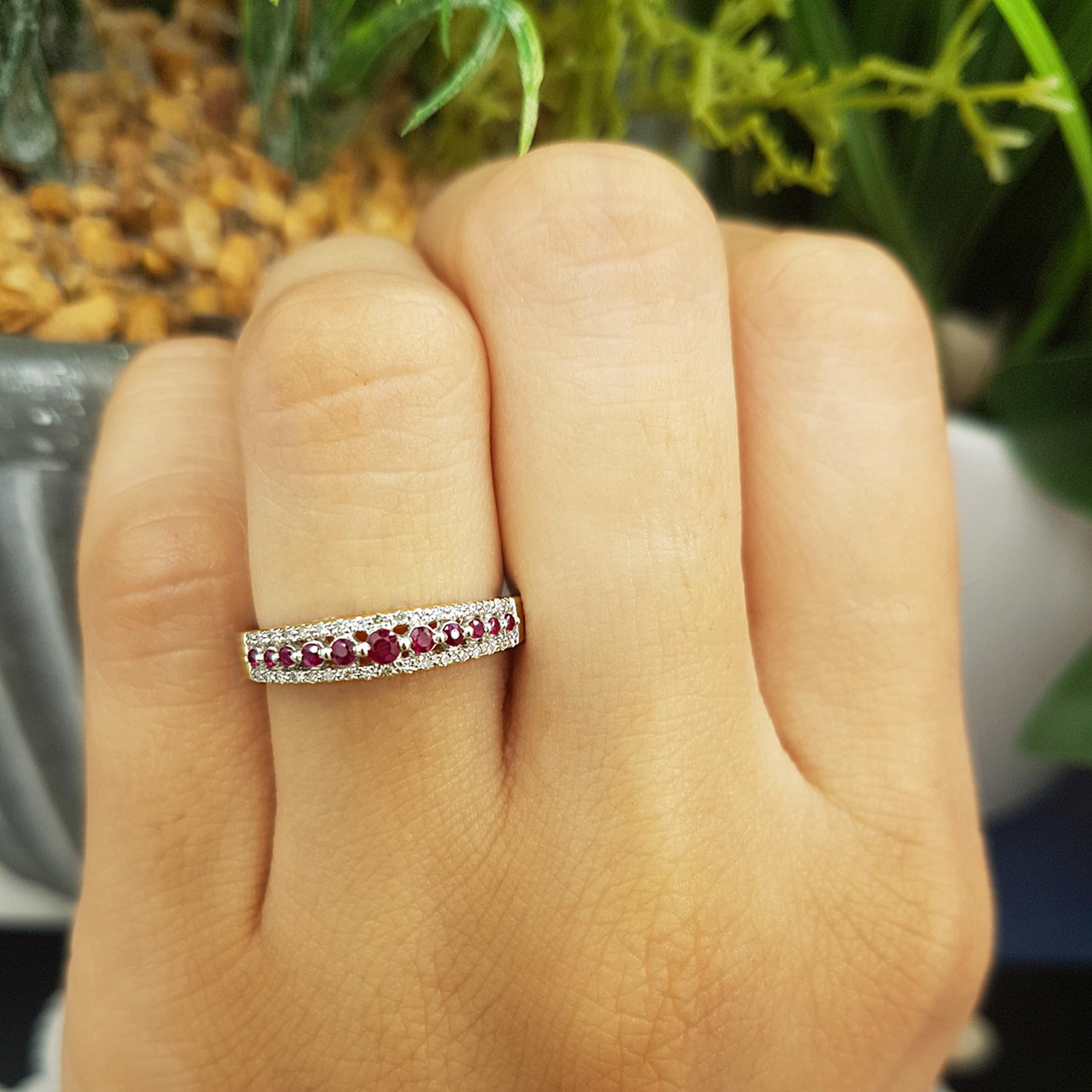 Dazzlingrock Collection Round Ruby & White Diamond Triple Row Anniversary Ring for Women in 18K Yellow Gold Size 7