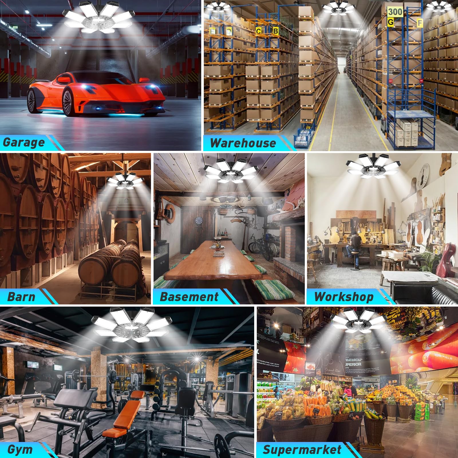 ISKYDRAW LED Garage Lights, 4 Pack Garage Lighting 260W 26000LM Bright Shop Lights Screw Into E26 E27 Bulb Socket, 6500K Deformable Garage Ceiling Lights for Garage Workshop Basement Barn
