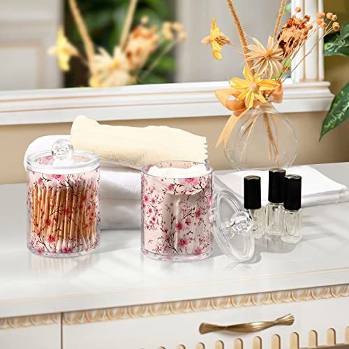 MNSRUU 2 Pack Qtip Holder Organizer Dispenser Pink Cherry Tree Bathroom Storage Canister Cotton Ball Holder Bathroom Containers for Cotton Swabs/Pads/Floss