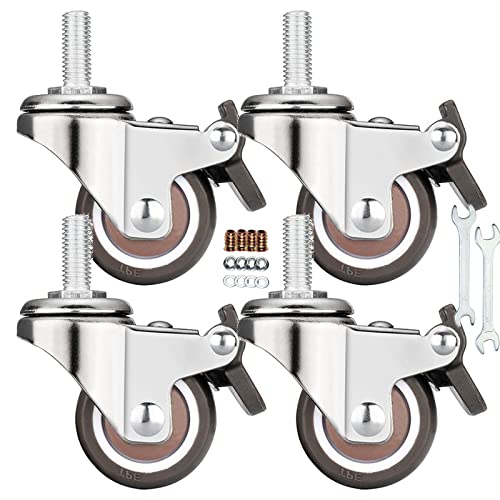 Stem Casters, 360 Degree Swivel Stem TPR Wheels with Metric M6-1.0x15mm Thread Rods Replacement Industrial Castors for Carts, Furniture, Dolly, Workbench (1.5 inch with Brakes)