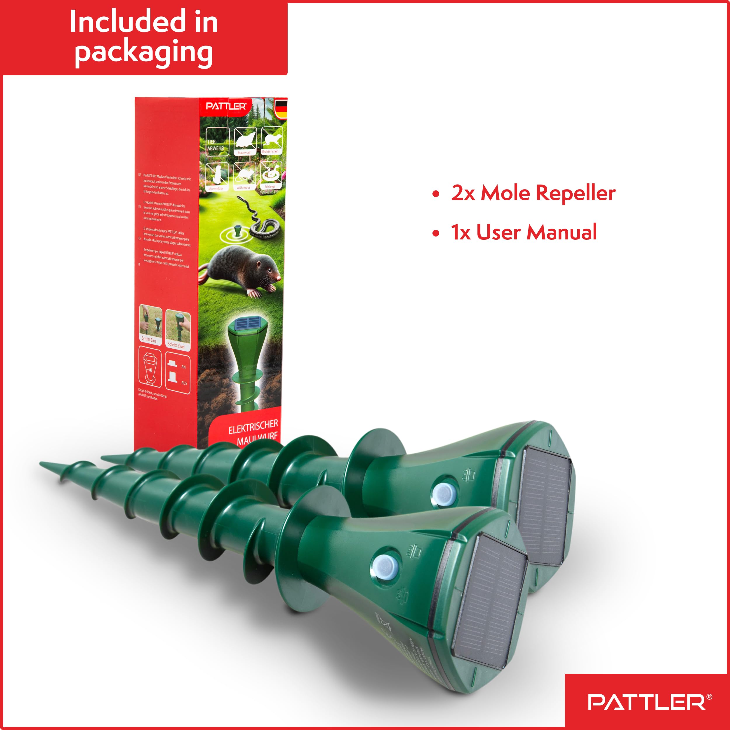 PATTLER® Mole Repellent Solar Powered | Innovative Screw-Shape Design | 8,000 Sq Ft Coverage | Best Snake Repellent for Yard, Great for Getting Rid of Moles and Voles | Gopher Repellent | 2 Units