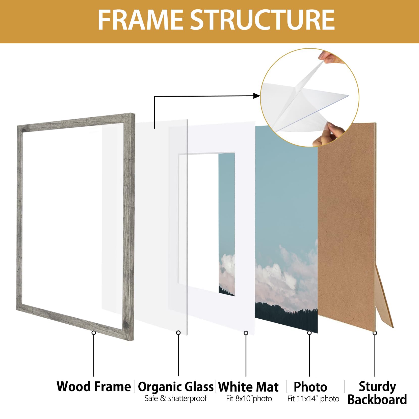 Califortree Gray 11x14 Picture Frame - Can Display Photo 8x10 with Mat, Engineered Wood Frame with Shatterproof Plexiglass, Horizontal and Vertical Display for Wall, Set of 2