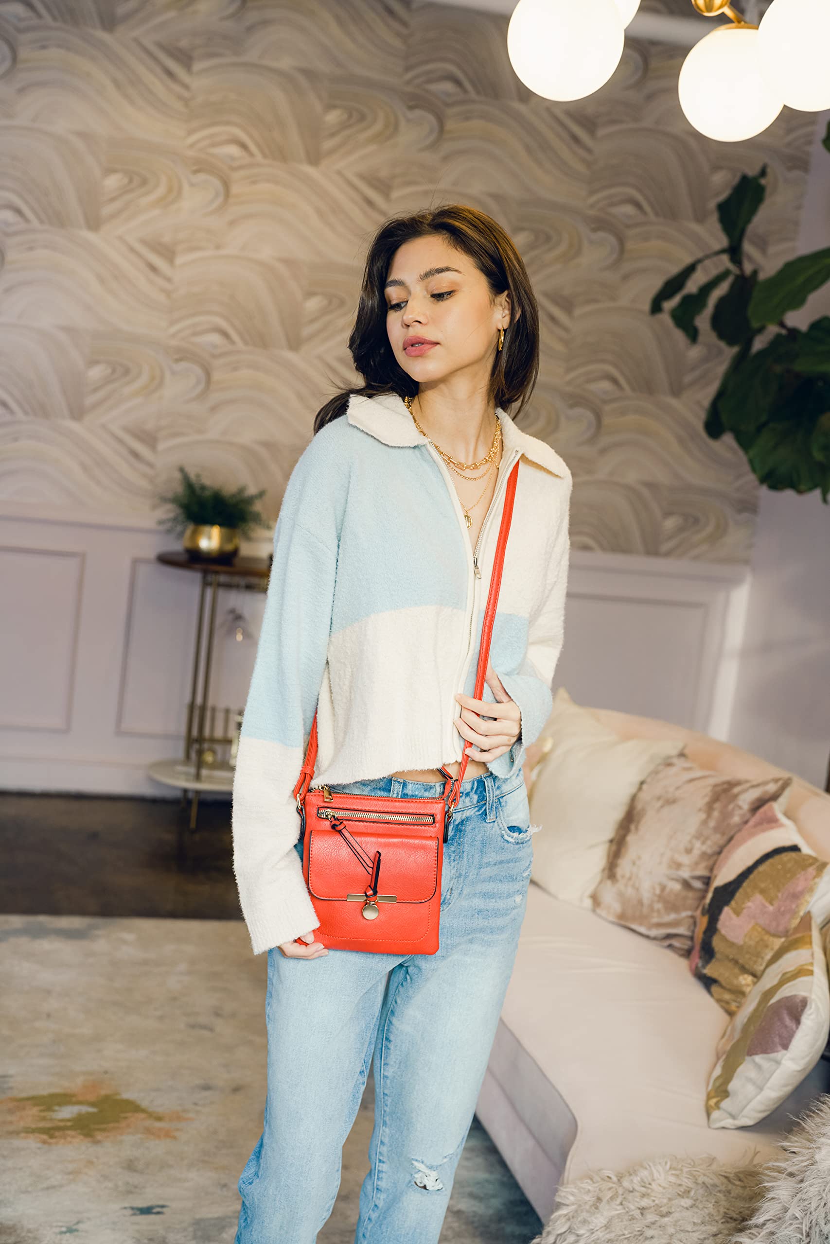 V+BENIE Gold Button Small Crossbody Bag, Brown