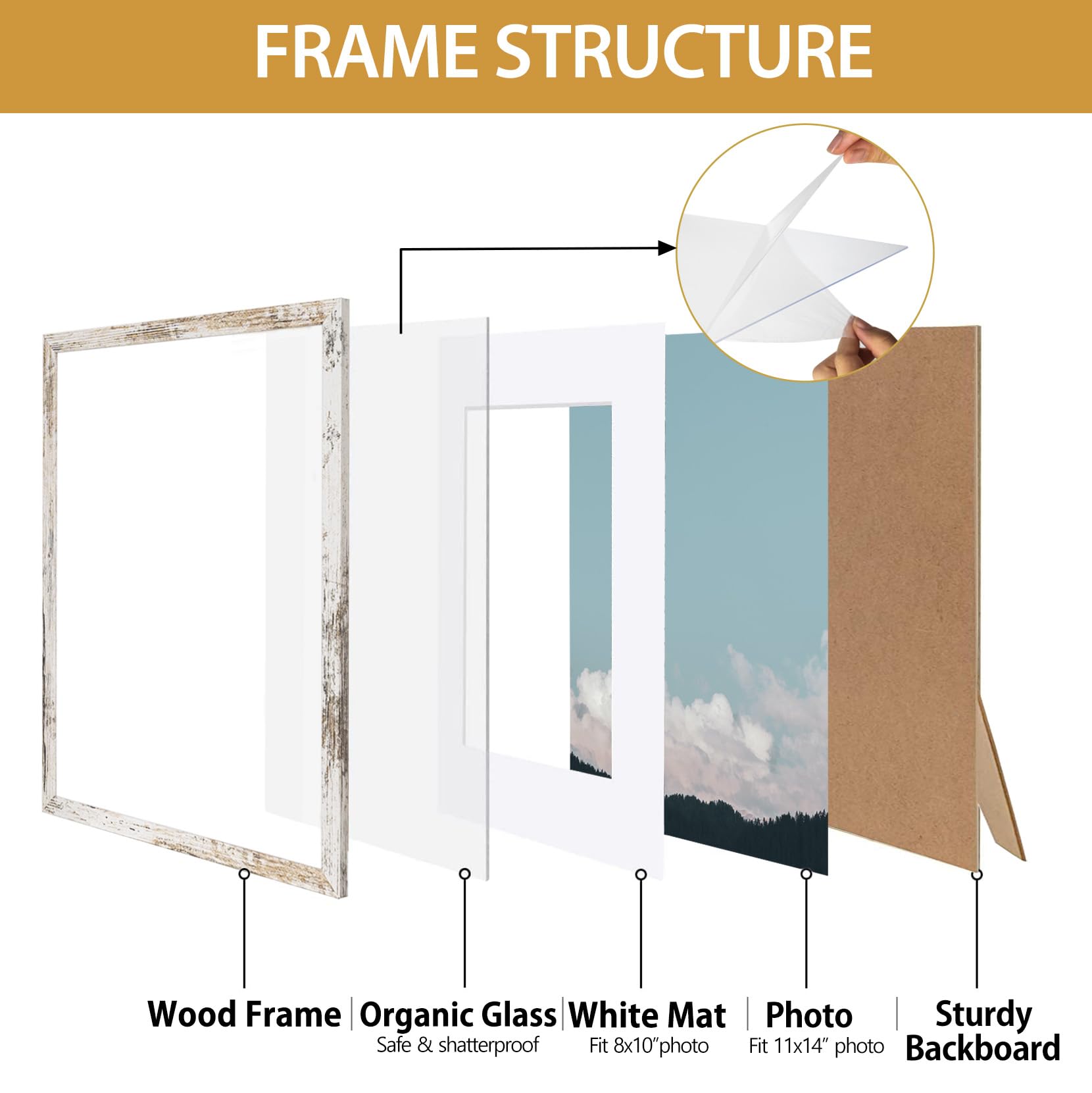 Califortree Rustic White 11x14 Picture Frame - Can Display Photo 8x10 with Mat, Engineered Wood Frame with Shatterproof Plexiglass, Horizontal and Vertical Display for Wall, Set of 2