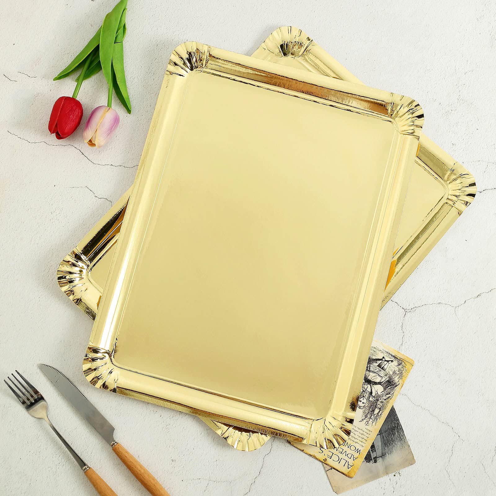 Efavormart 10 Pack | 15"x11" Gold Paper Cardboard Serving Trays, Rectangle Party Platters - 400 GSM