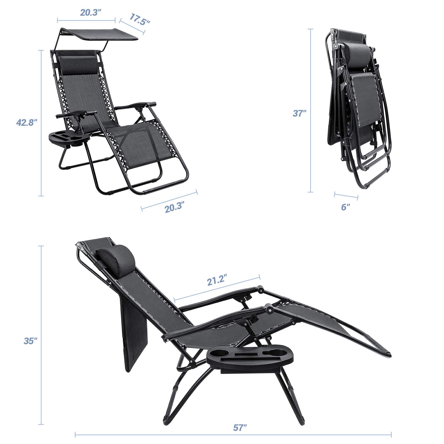 Homall Zero Gravity Chair Patio Lawn Chair Lounge Chair Folding Recliner Adjustable Outdoor with Canopy Shade,Cup Holder (Black)