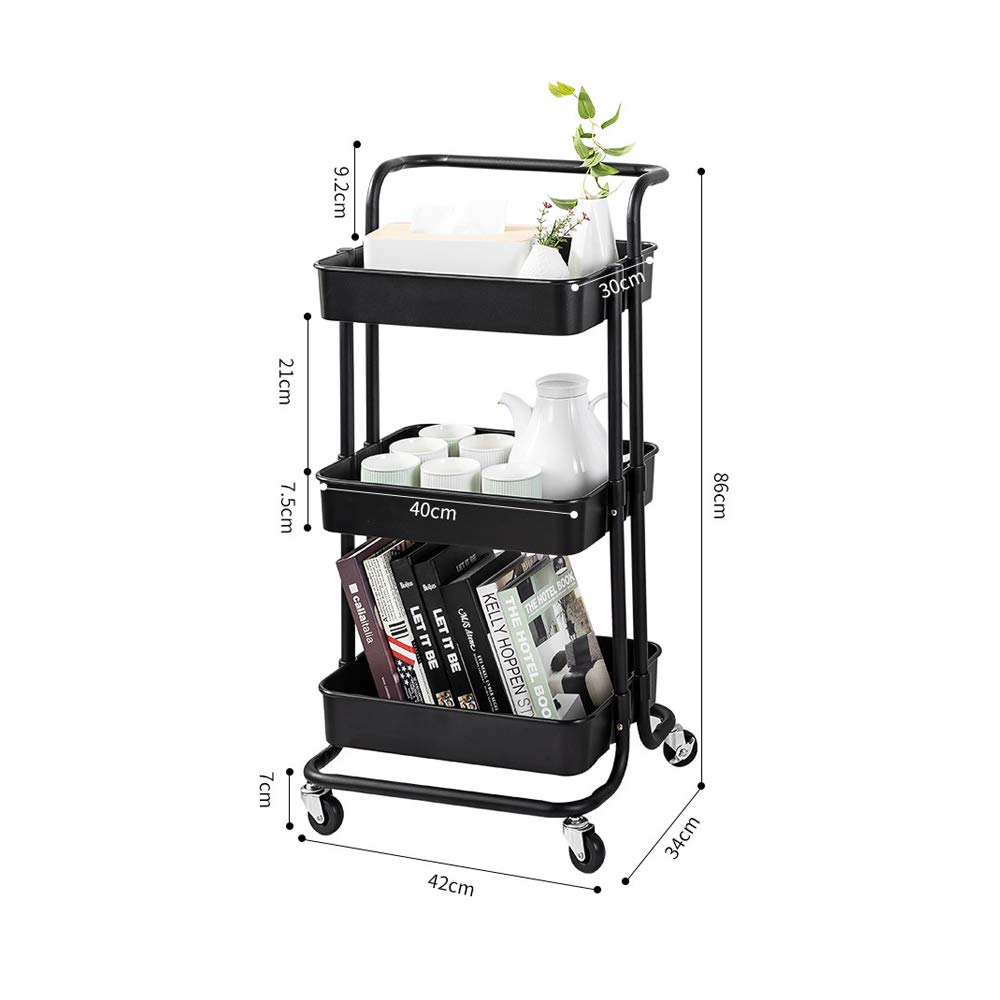 XGATML ALA7 3-Tier Rolling Utility Cart with Roller Wheels Service Cart with Handle Mobile Storage Organizer for Kitchen, Bathroom, Office, Coffee Bar(Black)